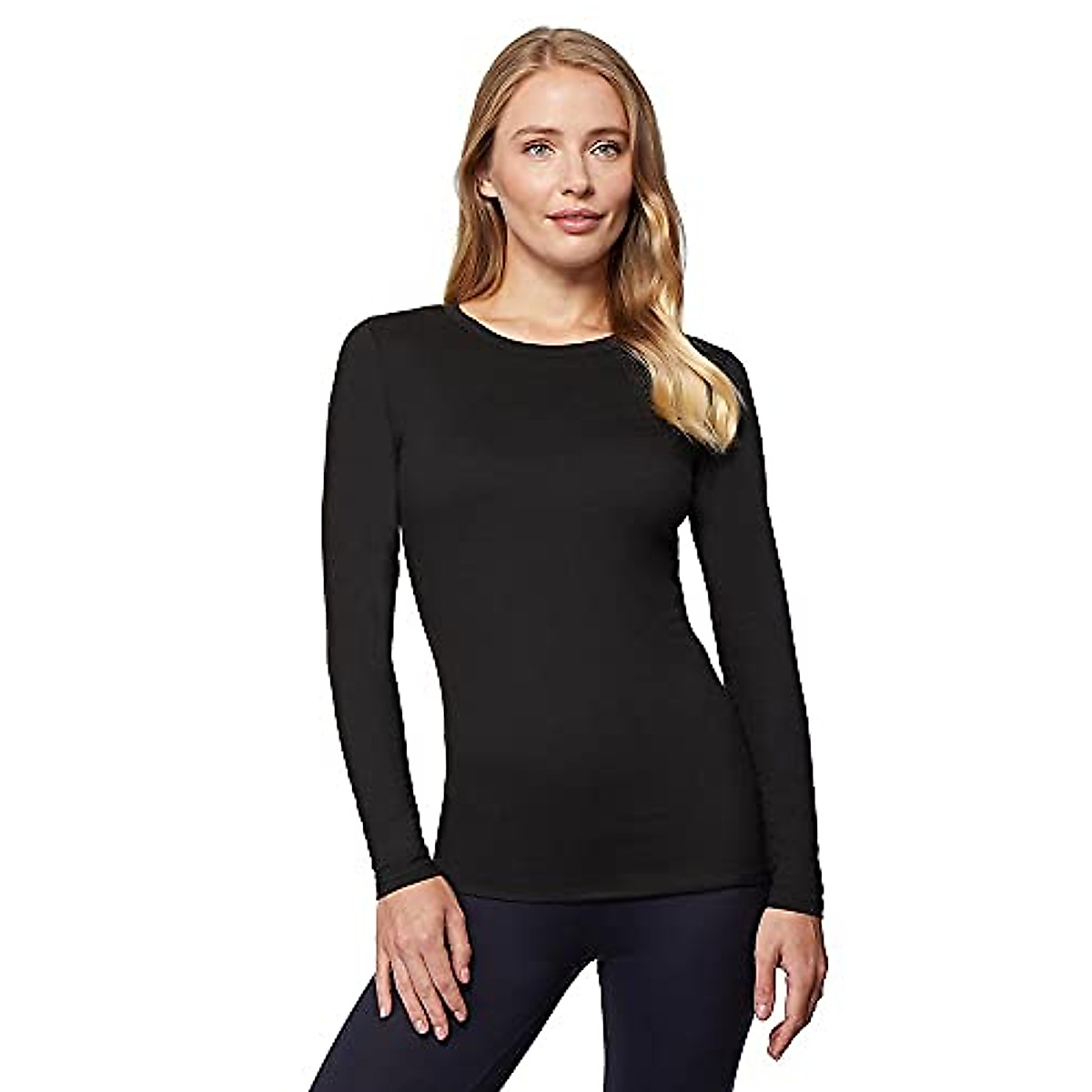 32 DEGREES Heat Womens Ultra Soft Thermal Lightweight Baselayer Crew Neck Long Sleeve Top, Black, Large