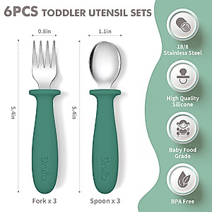 DRKIO 6 Pieces Toddler Utensils Set - Kids Silverware Set with Silicone Handle Children Safe 18/8 Stainless Steel Forks and Spoons Anti-Choke Design Food Grade Dishwasher Safe