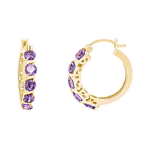 Round Cut Purple February Amethyst Birthstone Snap Closure Hoop Earrings In 14k Yellow Gold Over Sterling Silver