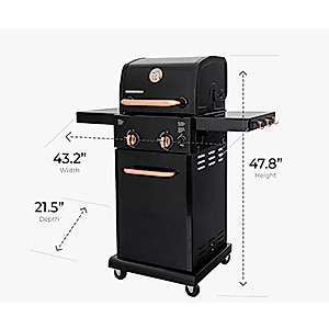 Permasteel 2-Burner Gas Grill, Foldable Side Tables, Grilling Tool Hooks, Propane Gas Barbecue Grill, Black with Copper Accent