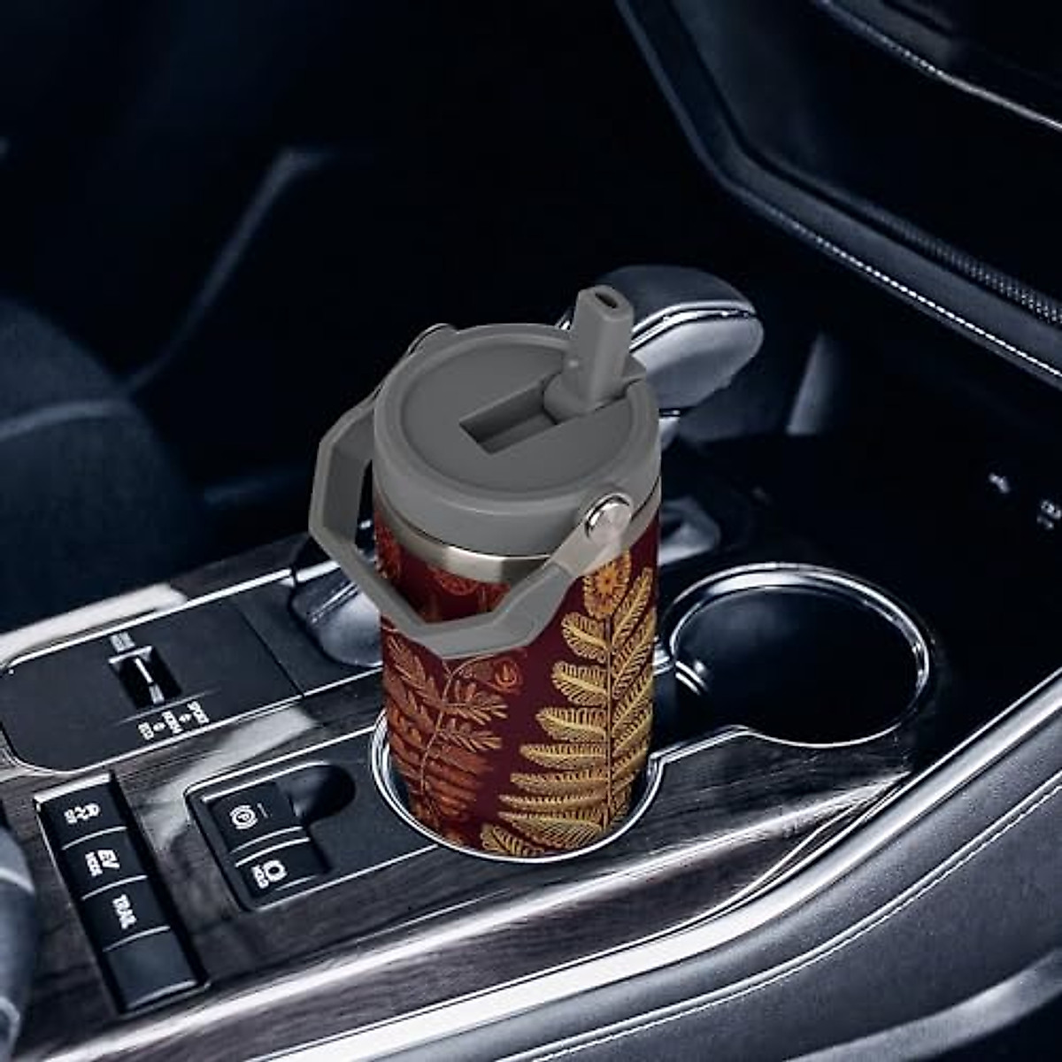 YTLKGFP 30 Oz Large Capacity Car Cup Maroon Gold Pattern Tumbler with Handle Straw Lid Insulated Stainless Steel Water Bottle Travel Mug Leak-proof Car Cup Keeps Cold Or Hot