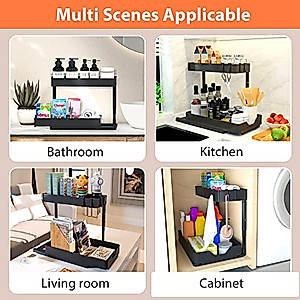 Adjustable Height Under Sink Organizers and Storage, 2 Tier Slide Out Shelf Under Cabinet Kitchen Storage with 4 Hooks, Pull Out Under Sink Organizer for Kitchen Bathroom Counter Office Pantry
