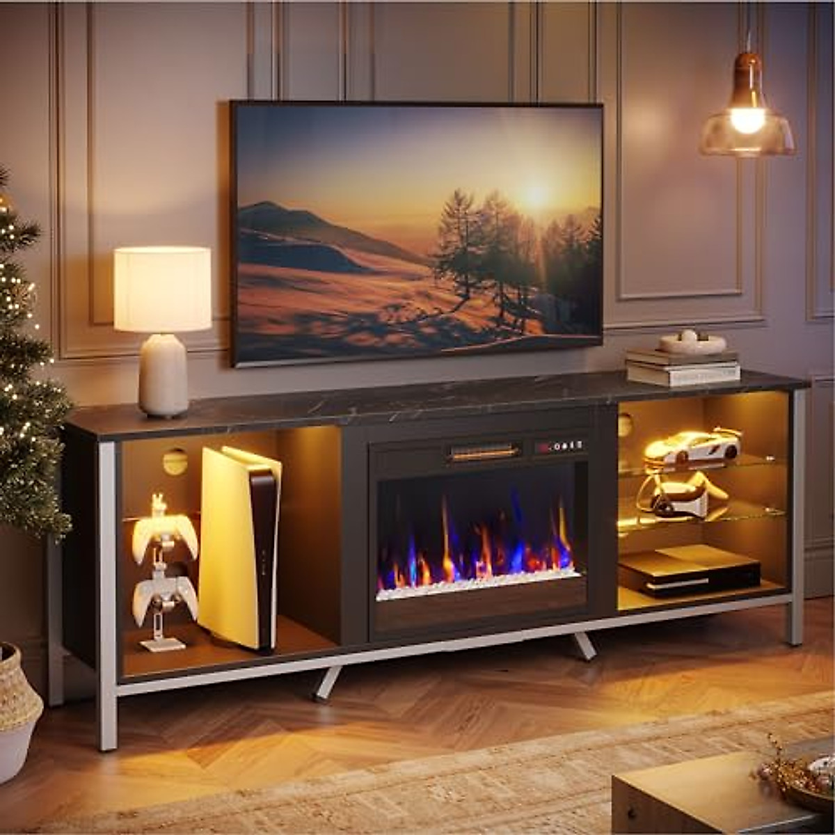 Bestier Fireplace TV Stand for 70/75 inch TV, Gaming LED Entertainment Center with 23 inch Electric Fireplace for PS5, Modern TV Console with Adjustable Glass Shelves for Living Bedroom Black Marble