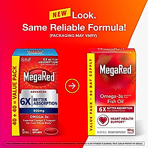 MegaRed Omega 3 Fish Oil Supplement 800mg (per Serving), Advanced 6X Absorption EPA & DHA Omega 3 Fatty Acid Softgels (80cnt Box), Phopholipids, Supports Brain Eye Joint & Heart Health