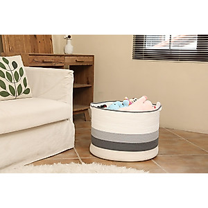 24" x 24" x 17" Max Size Large Cotton Rope Basket, Extra Large Storage Basket, Woven Laundry Hamper, Cloth Storage Bin, for Blankets Clothes Towels Pillows in Living Room, Double Graded Grey