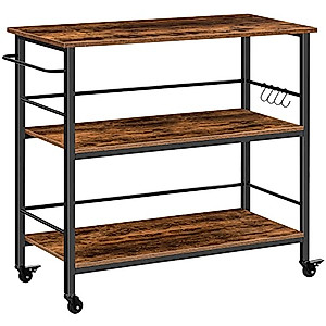 HOOBRO Kitchen Island with Storage,Industrial Kitchen Counter with Hooks and Side Enclosures, 3 Tier Kitchen Cart with Large Workstation, Saving Space, Easy Assembly, Rustic Brown and Black BF03ZD01
