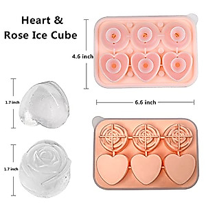 Rose Ice Cube Mold, Heart Shape Ice Cube Tray, Fun Silicone Ice Mold with Clear Funnel-type Lid, 3 Heart & 3 Rose Shape Ice Balls for Chilling Whiskey Cocktails Drinks, Pink