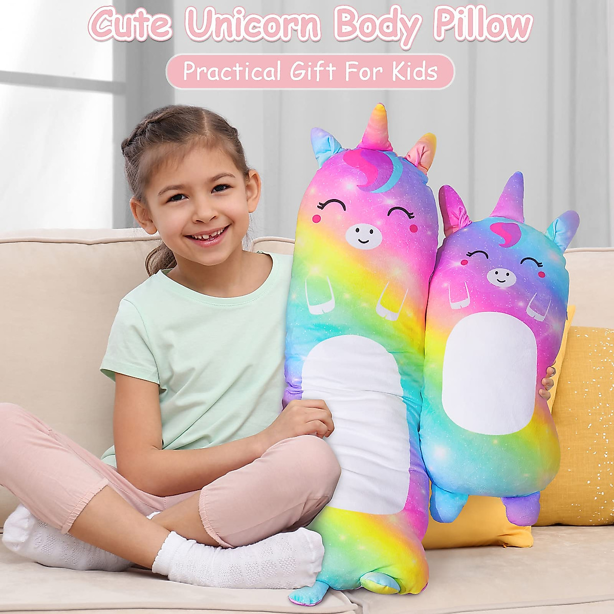 Body Pillow for Kids Girls Long Unicorn Pillow Soft Plush Unicorn Stuffed Animals with Removable Insert, 33 Inch, Rainbow