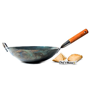 Chef's Medal Traditional Hand Hammered Carbon Steel Pow Wok with Bamboo and Steel Helper Handle - 14 Inch, Round Bottom
