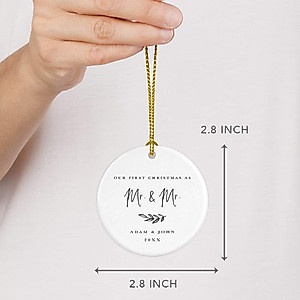 Andaz Press Personalized Gay Couple Wedding Round Ceramic Porcelain Tree Ornament Engagement Keepsake Gift, Our First Christmas As Mr. & Mr, 2024, Antique Handdrawn, 1-Pack Gay Christmas Ornaments