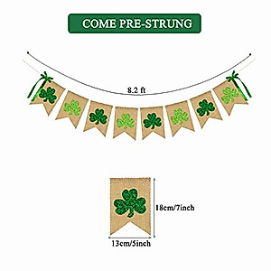 CAVLA Glittery Shamrock Burlap Banner St. Patrick's Day Green Shamrock Clover Banner Garland with Bows Saint Patrick's Day Party Decorations for Irish Lucky Day St. Patty’s Day Home Outdoor Decor