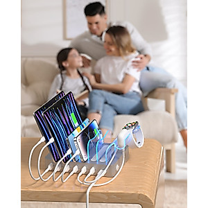 SooPii Premium 6-Port USB Charging Station Organizer for Multiple Devices, 6 Short Charging Cables and One Upgraded i-Watch Charger Holder Included, for Phones,Tablets and Other Electronics, Silver