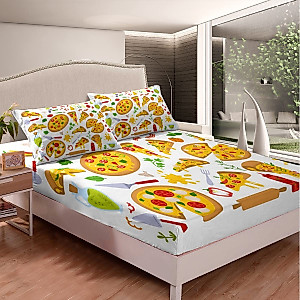 Pizza Bed Sheets Set Full Size Sausage Pizza Sheet Set for Kids Boys Girls Decor Food Themed Sheets with Deep Pocket Fitted Sheet Microfiber Fast Food Bedding Set Bedroom Delicious Gourmet Bed Set