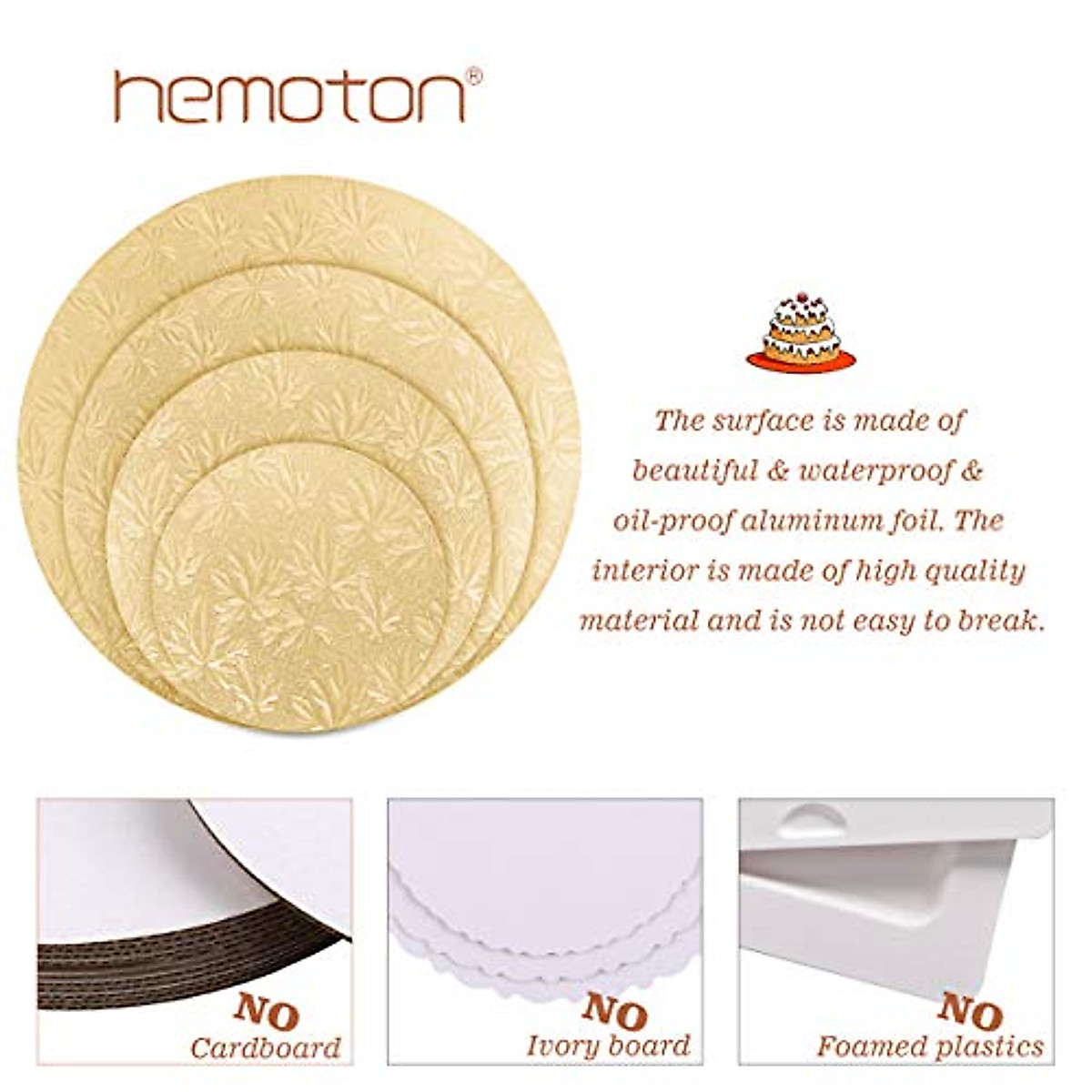 Hemoton 4Pcs Reusable Thicker Cake Boards with Embossed Foil Wrapping and 3 Scrapers for Cake Decoration Wedding Birthday Party 12" 10" 8" 6" (Gold)