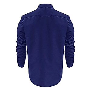 Men Linen Button Down Dress Shirts Casual Long Sleeve Cotton Beach T Shirts Stand Collar Solid Summer Yoga Tops (Blue,Large)