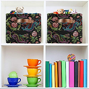 KEEPREAL Embroidery Chinese Dragon Storage Basket Bin, Large Cube Storage Box Canvas Collapsible Storage Organizer for Home Office Closet - 15 L x 11 W x 9.5 H
