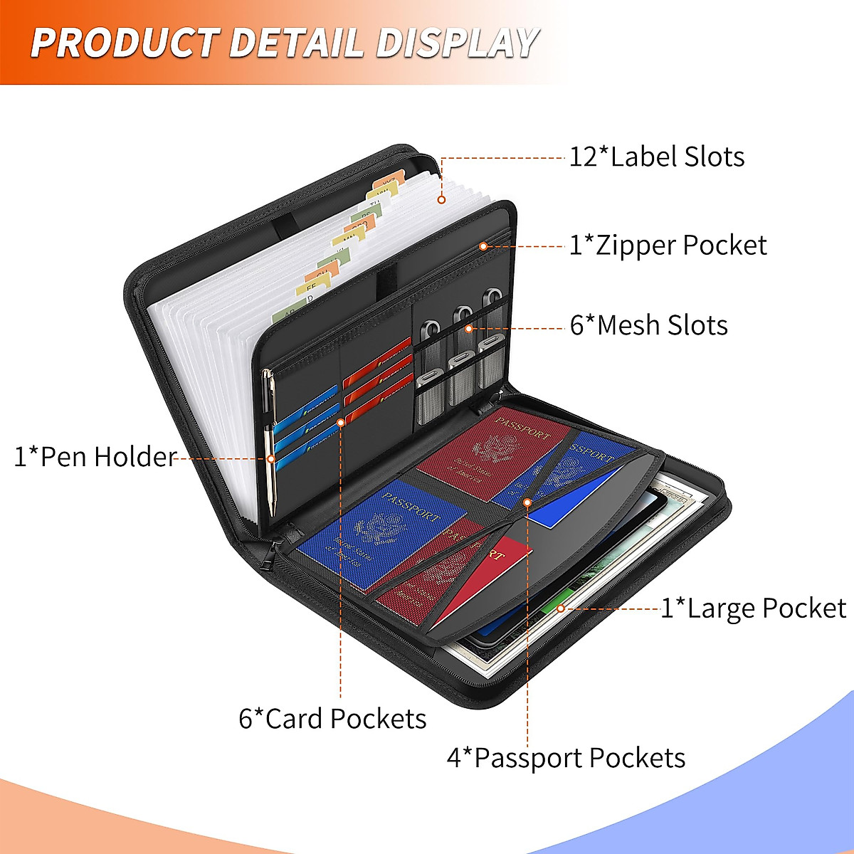 Hontom Accordion File Organizer,13 Pockets Fireproof Expanding File Folder with Multi Pockets,Portable Business Fire Safe Storage Document Organizer Folder with Zipper for Documents and File