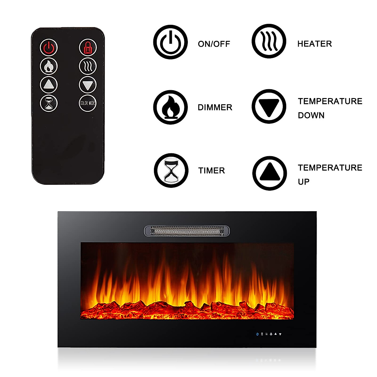 36 Inch Electric Fireplace Recessed and Wall Mounted, in-Wall Electric Fireplace with Adjustable Flame Colors, Touch Screen, Remote Control, Easy to Install,750w/1500w (36)