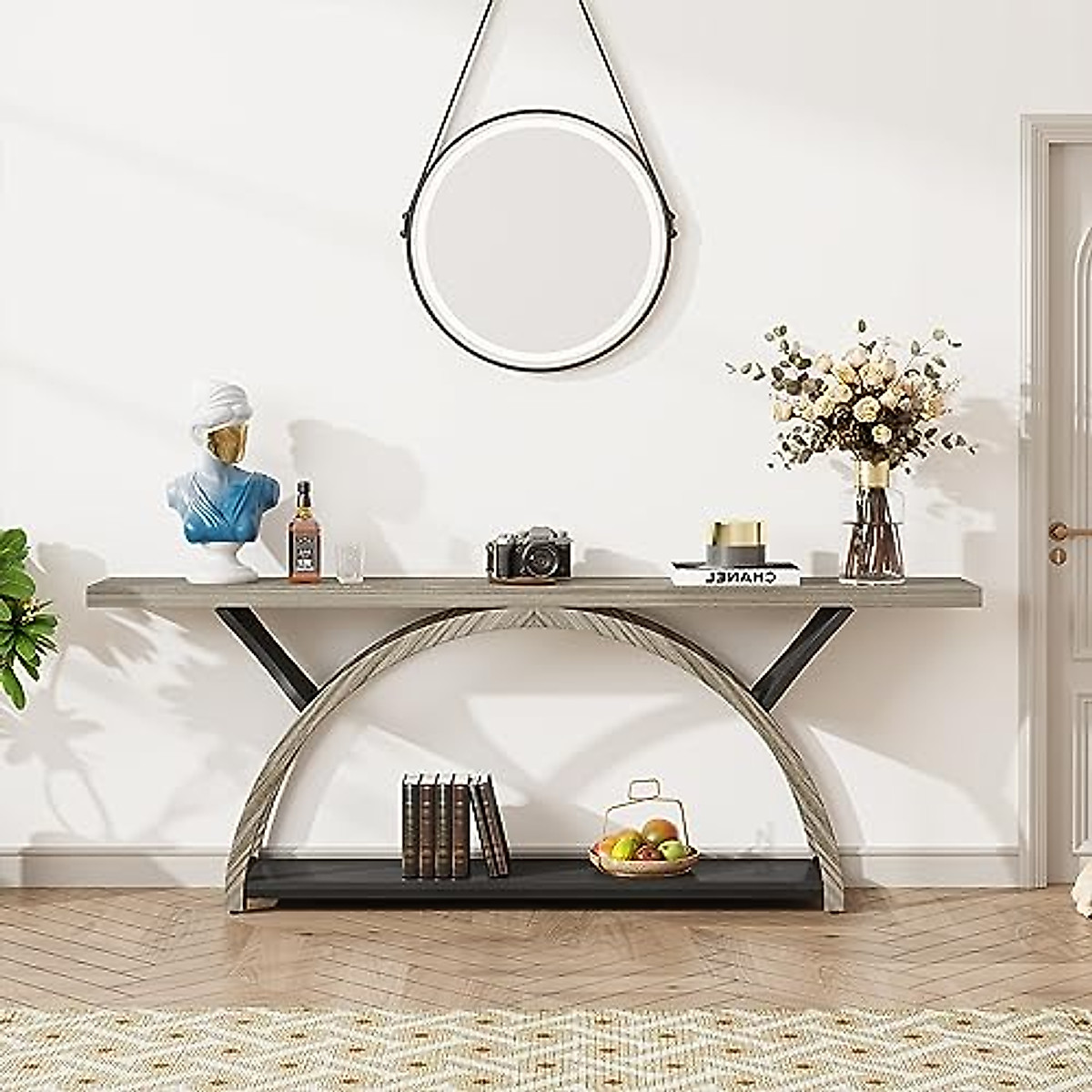 Tribesigns 70.87" Console Table with Storage Shelf, Narrow Long Sofa Table Behind Couch Table, 2-Tier Rustic Entryway Table with Half Moon Frame for Hallway Living Room, Gray & Black