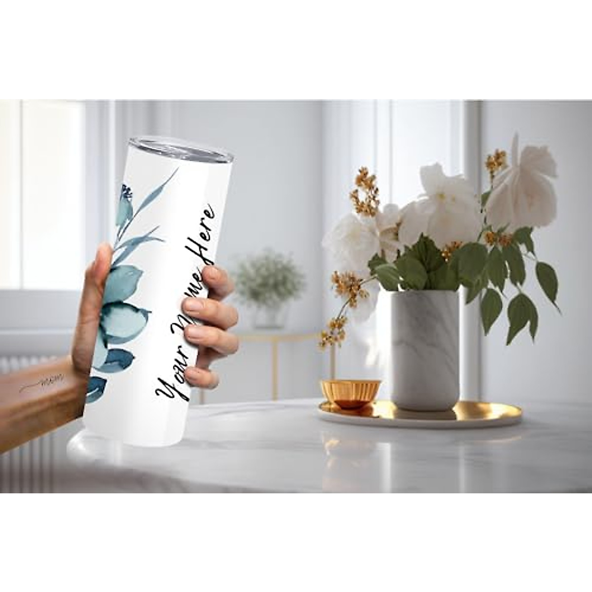 Personalized Flowered Skinny Tumbler 20Oz, Stainless Steel with lid, Straw, Brush and Non-Slip Base. Keep Drinks Hot or Cold. Use like Water Bottle, Coffee Mug, Travel Mug, Wine Cup. (Light Blue)
