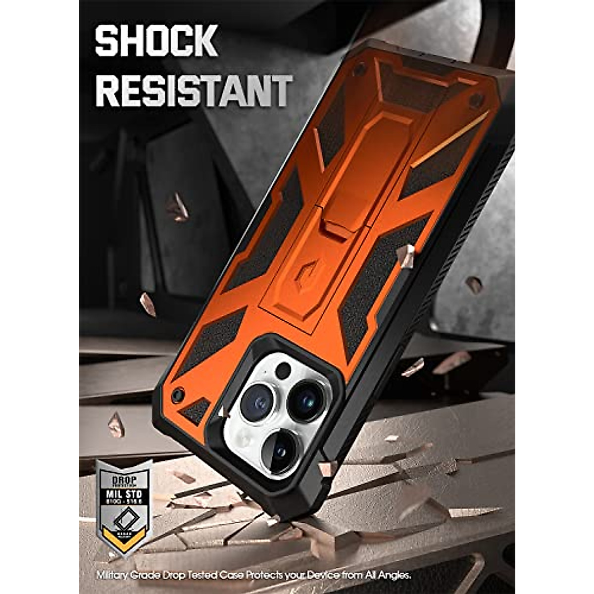 Poetic Compatible with iPhone 14 Pro Max Case, Spartan Phone Case for iPhone 14 Pro Max, Full Body Leather Texture Shockproof Protective Cover with Screen Protector and Kickstand, Metallic Orange