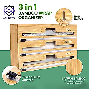 Amazecore wrap organizer with cutter 3 in 1 Plastic Wrap Dispenser for Aluminum Foil & Cling Film & Parchment Paper