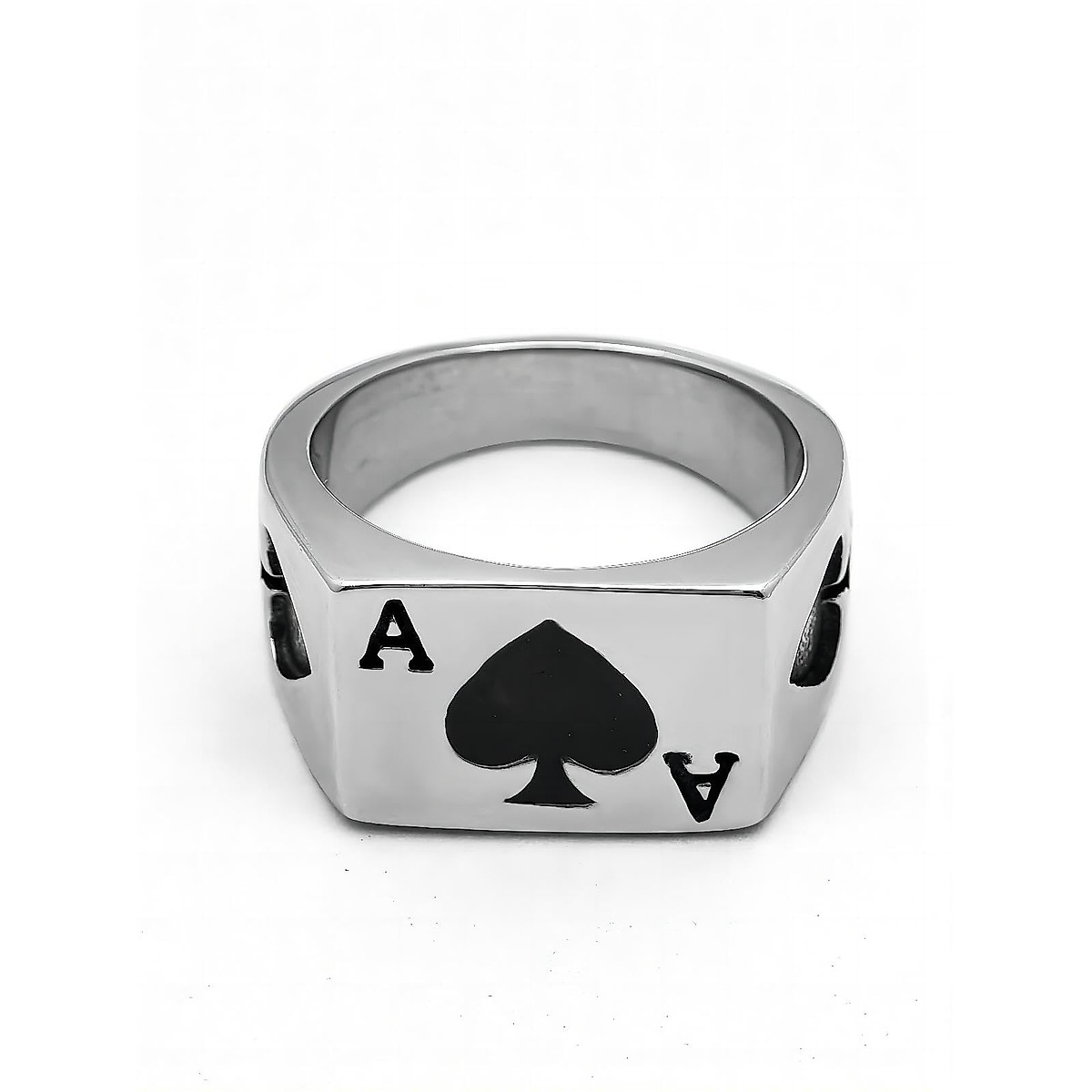 JAJAFOOK Biker Ring Mens Womens Solid Polished Stainless Steel Signet Ring Poker Spade Ace Silver Black Size 5