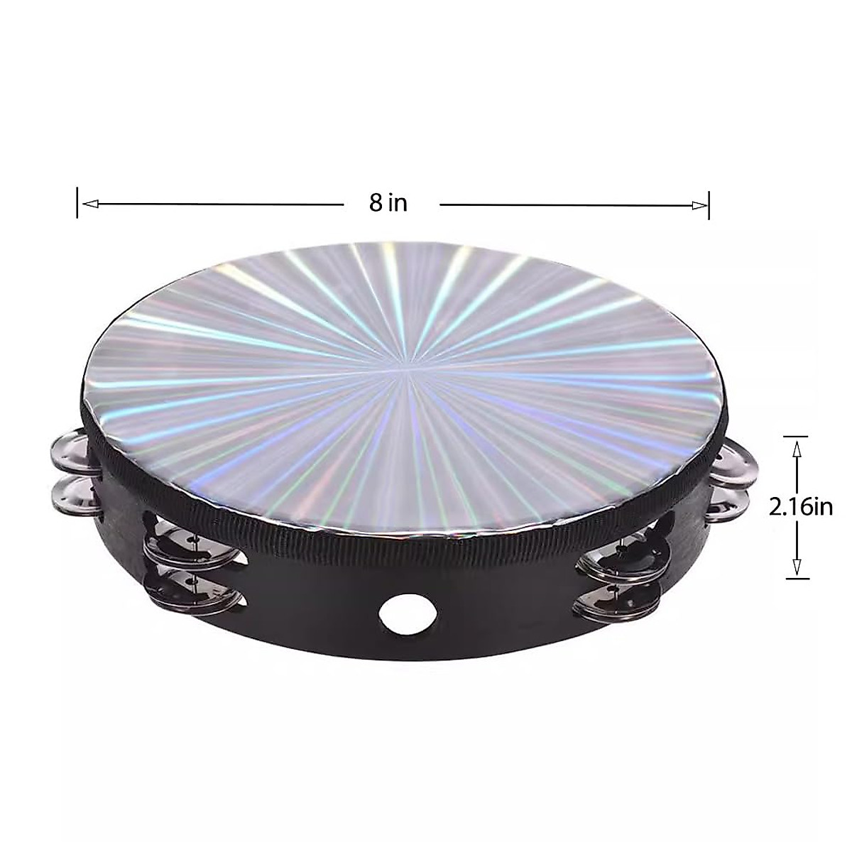 Radiant Tambourine 8 Inch Hand Held Drum with Double Row jingles, Reflective Tambourines Percussion Musical Instruments for Adults Kids Church Party Dance Games