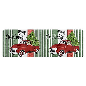 Merry Christmas Kitchen Mat Rug 1 PCS Red Truck with Xmas Tree Cotton Linen Texture Runner Rug Anti-Fatigue Comfort Memory Foam Standing Mat Non-Slip Floor Door Mat for Bathroom Bedroom 24x71in