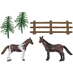 DecoSet® Horses Cake Topper, 5-Piece Topper Set Cake Decoration with 2 Horses, Fence, and Trees, Ready to Use For Equine-Themed Birthday, Celebration, Food Safe