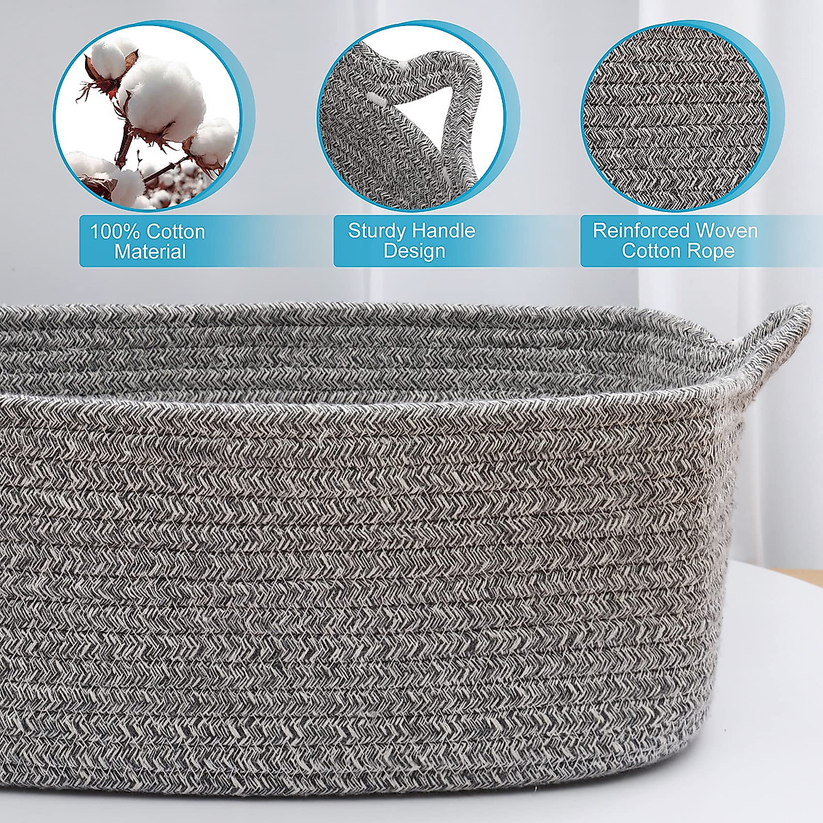 ABenkle Rope Storage Basket, 14.2''x 11''x 5.1'' Cotton Woven Dog Cat Toy Bins, Cube Soft Baskets with Handles, Decorative Shelves Closet Organizing for Nursery Laundry Bedroom Bathroom - Grey