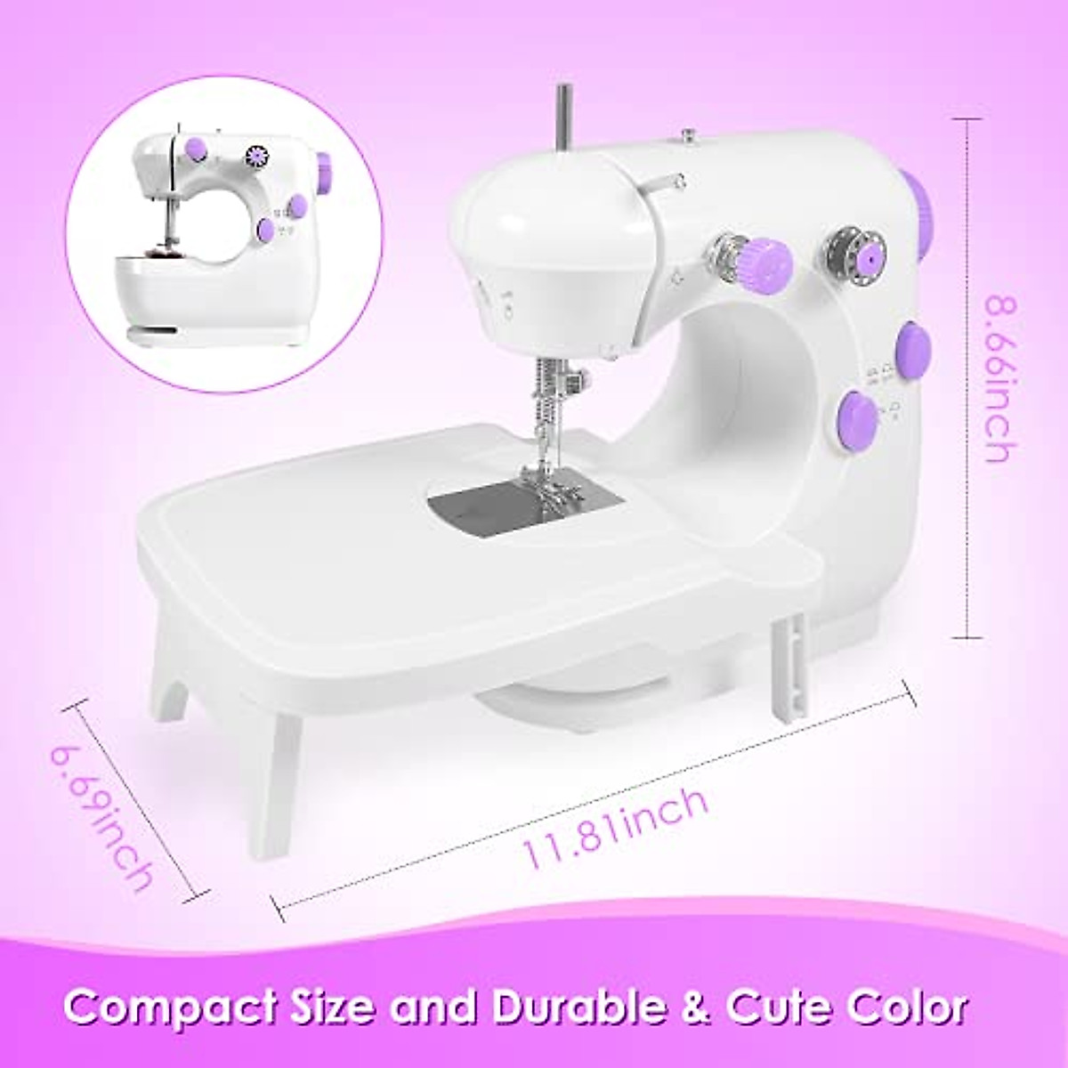 Sewing Machine, Portable Machine with Built-in Stitches, 2-Speed Mini Extension Table, Suitable for Beginners, Best Gift Kids Women Household Space Saver Safe Kit