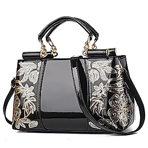 XingChen Shiny Patent Women PU Leather Handbags Embroidery Shoulder Bags Fashion Satchel Purses Top Handle Bags(Black)