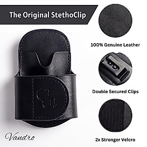 The Original StethoClip - Genuine Leather Stethoscope Holder for 3M Littmann & Most Stethoscopes - Quick Hip Access Holster - Stethoscope Holder Hip Clip for Physicians, EMTs, Nurses & Students