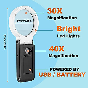 Anourney Magnifying Glass 30X 40X with Light and Stand, Handheld Standing LED Illuminated Magnifier, Folding Reading Magnifying Glass with for Seniors Read, Coins, Stamps, Map, Jewelry, Close Work