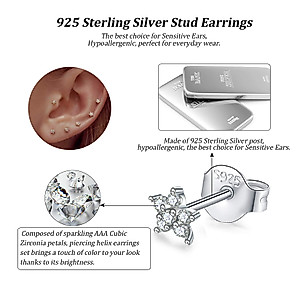 Sterling Silver Stud Earrings for Women, 3 Pairs Tiny Flower Earrings Set, Small Cubic Zirconia Helix Earrings Dainty Tragus Cartilage Studs Cherry Blossom Ear Piercing Jewelry Gifts for Teens