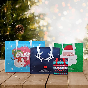 L'ogar 10 pack reusable shopping bags with handle, christmas reindeer design. Grocery bag, gift bag, groceries totes. Load 88.18 lbs. 19.96"*6.29"*12.59"