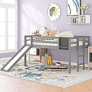 CITYLIGHT Twin Loft Bed with Slide, Low Loft Bed Frame with Chalkboard, Wood Kids Loft Bed Twin with Under-Bed Space Storage for Girls, Boys (Grey, Twin)