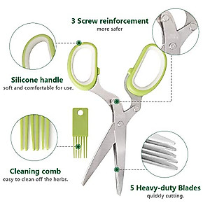 Herb Scissors Herb Stripper Set, Luxiv Stainless Steel Herb Cutter Tools 5-Blades Scissors with Herb Stripping Tool, Safe Cover, Cleaning Comb Multi-blade Herb Shears 2 IN 1 Herb Tools Kits (Green)