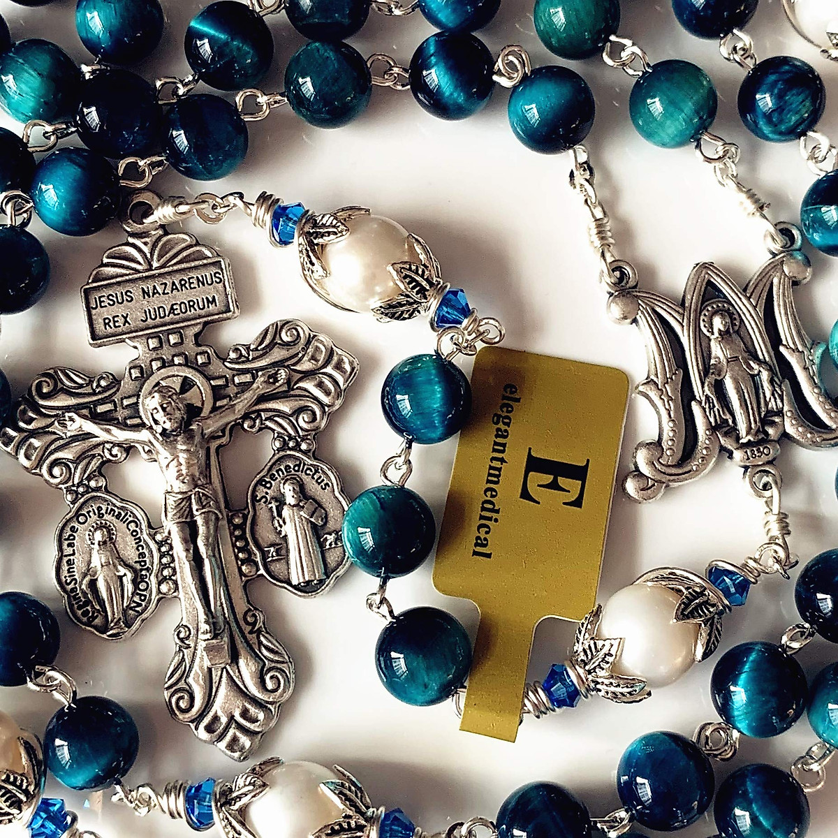 elegantmedical HANDMADE Peacock Blue Tiger Eye Prayer Beads & (AAA) 10mm real Pearl sterling silver beads caps Catholic Rosary Necklace Gift Box Italy Parden Crucifix