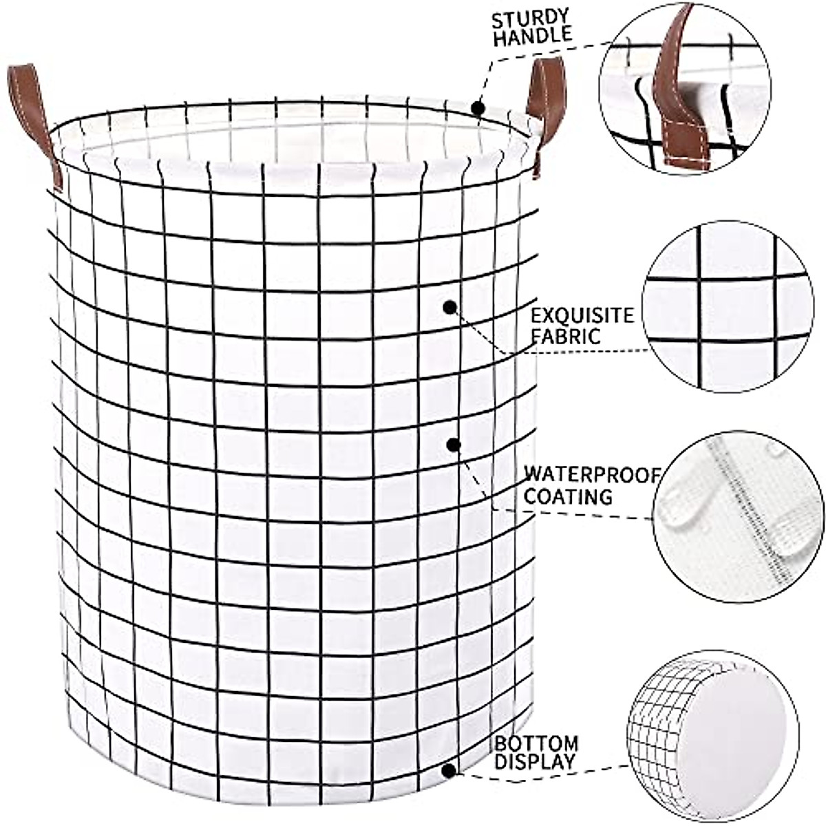 [2 Pack] Collapsible Laundry Basket, Large Round Waterproof Laundry Hamper, Foldable Storage Organizer with Leather Handles for Dirty Clothes (White Plaid)