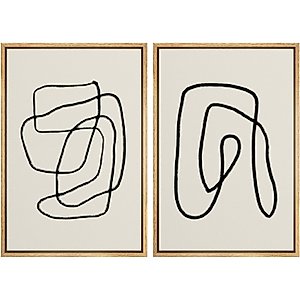 SIGNWIN Framed Wall Art Print Set Black Lines Over Tan Plain Background Abstract Swirly Cozy Neutral Modern Art Mid-Century Modern Expressive for Living Room, Bedroom, Office - 16"x24"x2 Panels