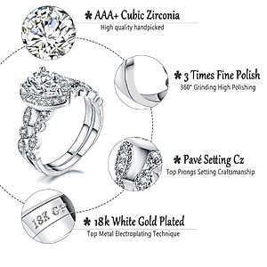 Ahloe Jewelry CEJUG 18k White Gold Plated Wedding Rings for Women Engagement Bands Bridal Set Pear Shape Teadrop 1.5Ct Cz Size 7