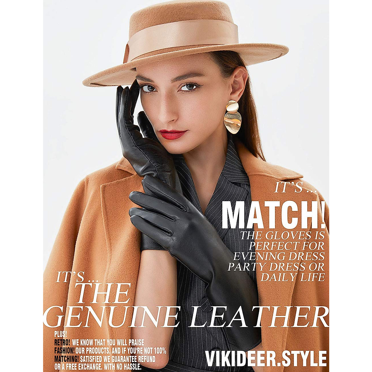 VIKIDEER Long Genuine Leather Gloves for Women Full Touchscreen Winter Warm Lined Elegant Type Little Bigger Black Meduim-12.7"