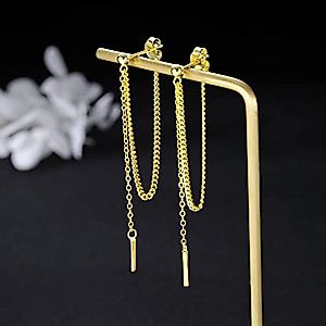 SLUYNZ 925 Sterling Silver Bar Dangle Earrings for Women Teen Girls Minimalist Dangle Earrings Threader Chain
