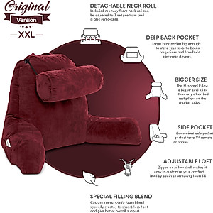 Husband Pillow Combo - Backrest Pillow with Arms : XXL Maroon & Foldable Laptop Tray : Brown - Memory Foam Reading Pillows for Bed w/Removable Neck Roll & Laptop Bed Tray Table