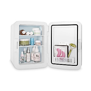 Cooluli 10L Mini Fridge for Bedroom - Car, Office Desk & College Dorm Room - 12v Portable Cooler & Warmer for Food, Drinks, Skincare, Beauty & Makeup - AC/DC Small Refrigerator with Glass Front, Blue