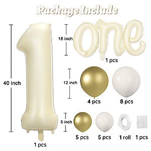 Boys or Girls 1st Birthday Decorations Kits - 40 Inch Cream Number 1 and 18 Inch one Foil Balloons Set with White Sand Metallic Gold Balloons Different Sizes 5 12 Inch for Kids First Birthday Party