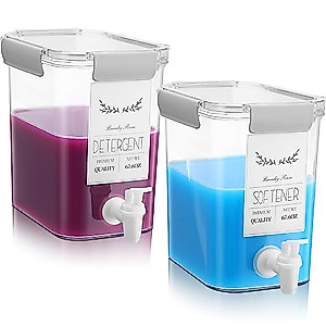 Dandat 2 Pcs 67.6 oz Laundry Detergent Dispenser with Faucet Beverage Refrigerated Bucket Laundry Soap Containers Liquid Detergent Holder with Labels Fabric Softener Container (Grey)