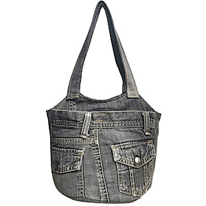 BDJ Upcycling Blue Denim Jean Round Shape Top-Handle Bucket Handbag for women (Round 5)